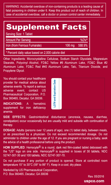 Hemocyte Iron Supplement - 100 Tablets – US Pharmaceutical Corporation